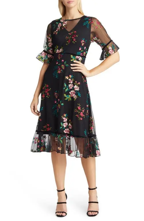 KIYONNA Wildflower Embroidered Midi Dress - Onyx