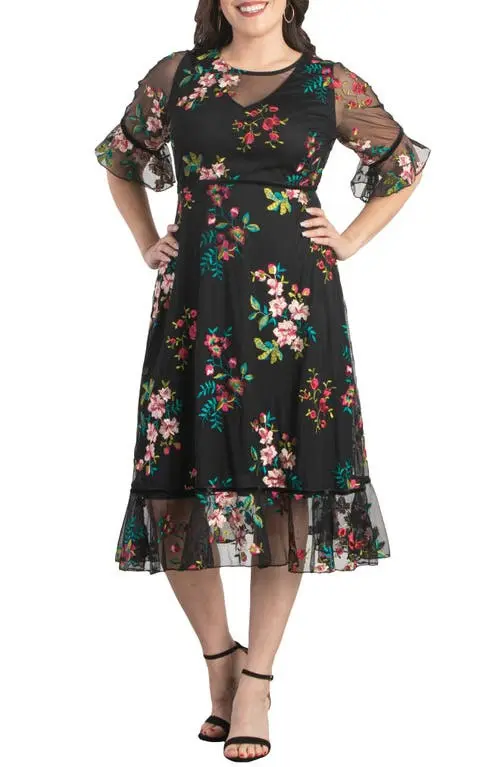 KIYONNA Wildflower Embroidered Midi Dress - Onyx