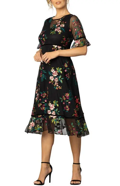 KIYONNA Wildflower Embroidered Midi Dress - Onyx