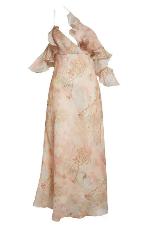 Zimmermann Flutter Tropical Floral Asymmetric Linen & Silk Dress In Guava  Paradise - 50% Off | Editorialist