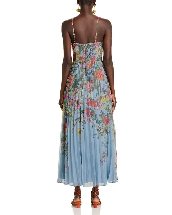 Aqua Pleated Floral Maxi Dress