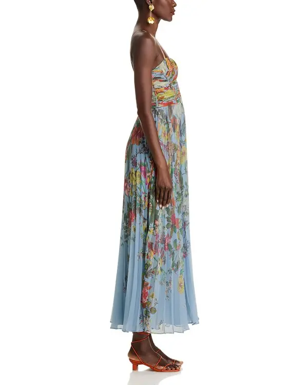 Aqua Pleated Floral Maxi Dress