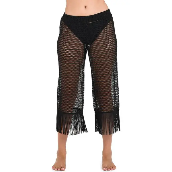 La Blanca Fringe Sheer Crop Cover-up Pants - Black