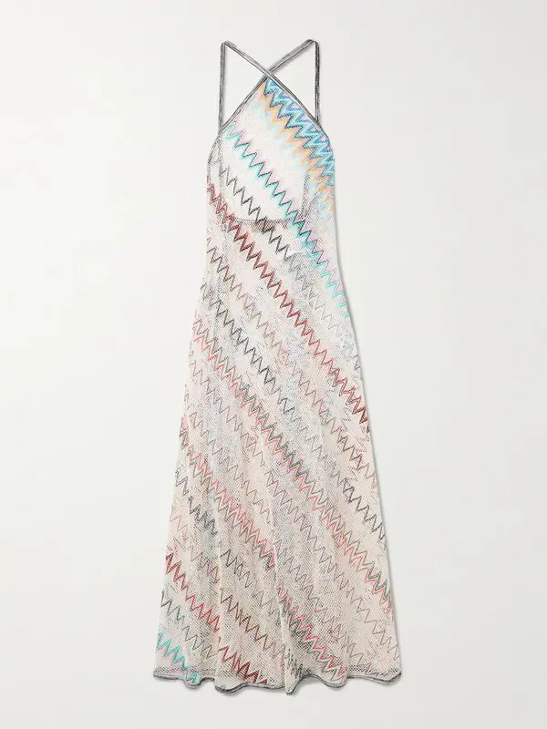 Missoni Mare Striped Metallic Crochet-knit Halterneck Dress - White