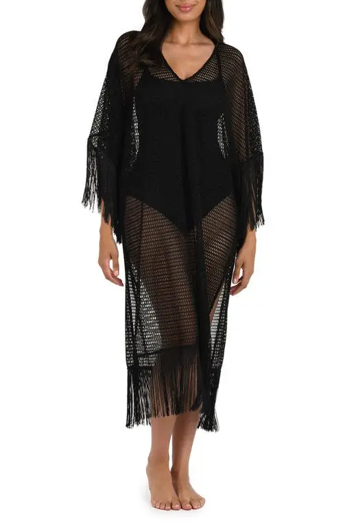 La Blanca Fringe Open Stitch Caftan - Black