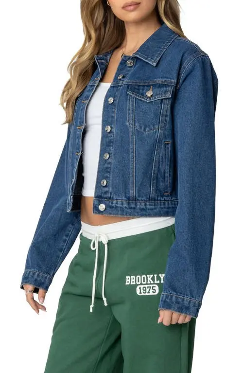 EDIKTED Barb Denim Crop Trucker Jacket - Blue-washed