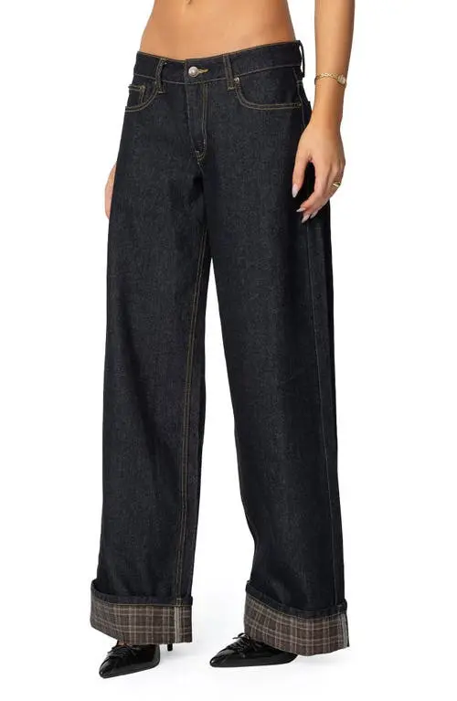 EDIKTED Plaid Cuff Wide Leg Jeans