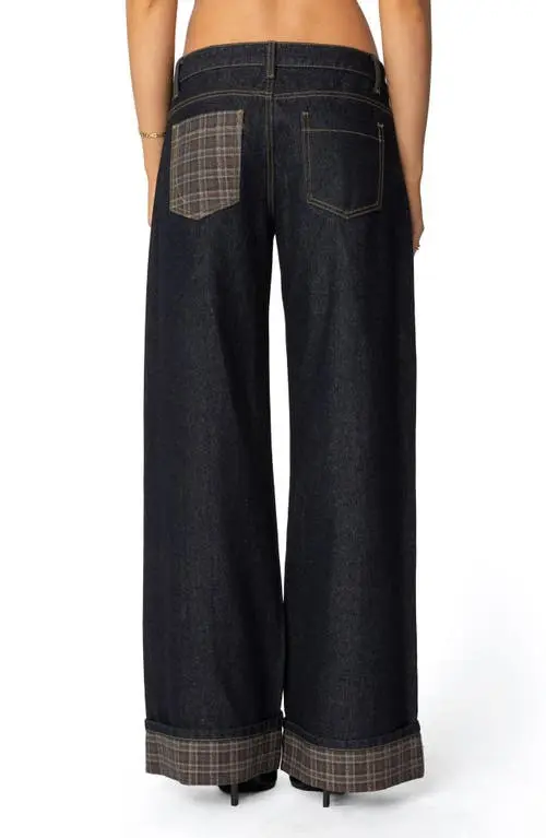 EDIKTED Plaid Cuff Wide Leg Jeans