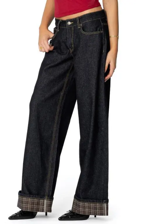 EDIKTED Plaid Cuff Wide Leg Jeans