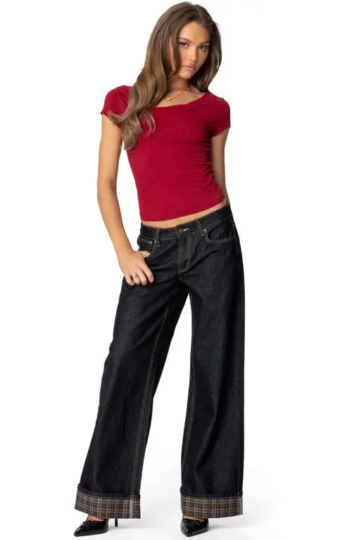 EDIKTED Plaid Cuff Wide Leg Jeans