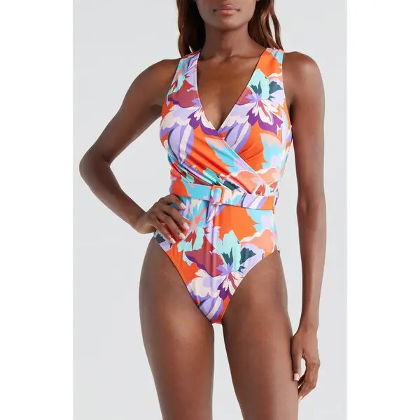 HUTCH Belted One-piece Swimsuit - Abstract Floral