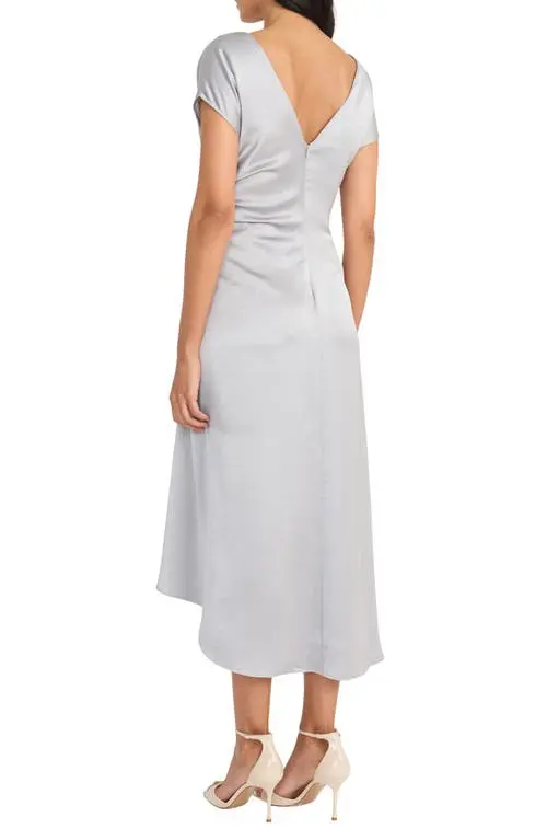 Maggy London Cap Sleeve Ruched Satin Cocktail Dress In Silver - 60% Off