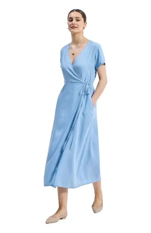 REISTOR Denim Maxi Wrap Dress - Light Blue