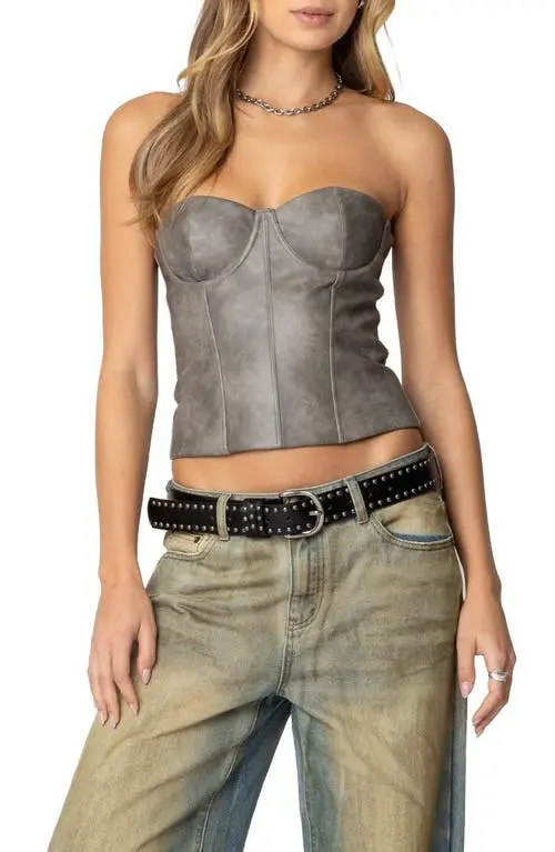 EDIKTED Sulivan Strapless Faux Leather Corset Crop Top