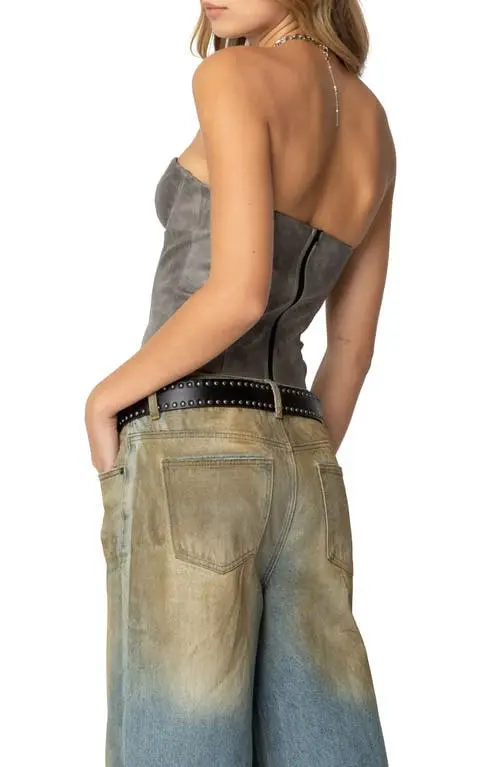 EDIKTED Sulivan Strapless Faux Leather Corset Crop Top