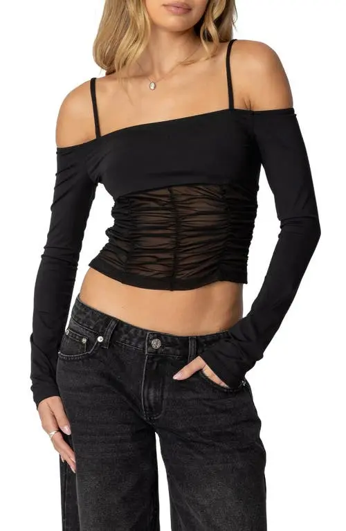 EDIKTED Susie Cold Shoulder Mesh Crop Top