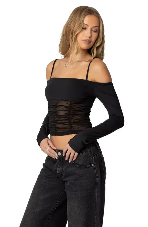 EDIKTED Susie Cold Shoulder Mesh Crop Top