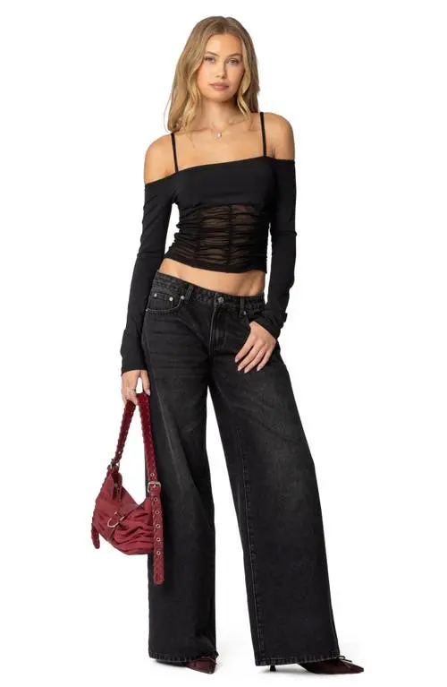 EDIKTED Susie Cold Shoulder Mesh Crop Top