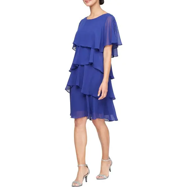 SL FASHIONS Beaded Tiered Chiffon Dress - Iris