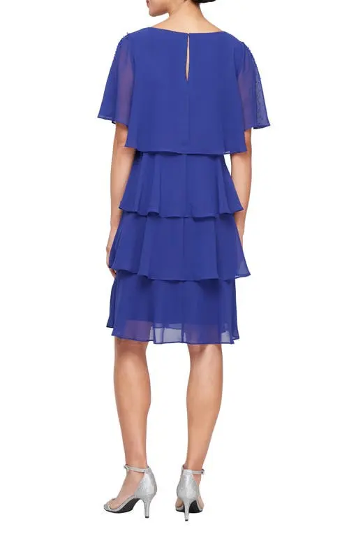 SL FASHIONS Beaded Tiered Chiffon Dress - Iris