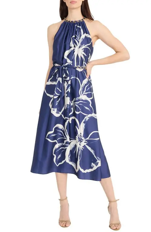 Maggy London Floral Halter Neck Midi Dress - Navy/ivory