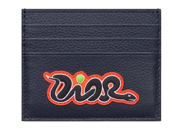 Dior X Kaws Card Holder - Navy Blue Grained Calfskin