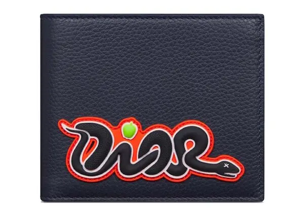 Dior X Kaws Bifold Wallet - Navy Blue Grained Calfskin
