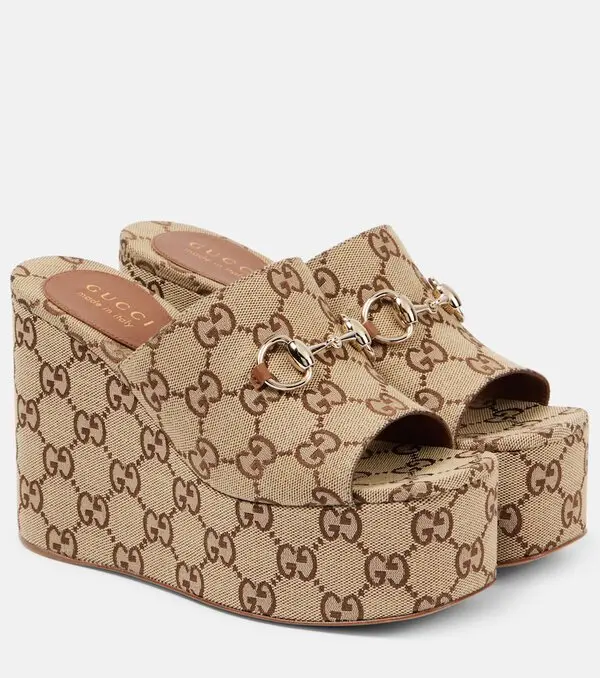 Gucci Horsebit Gg Canvas Wedge Mules - Beige