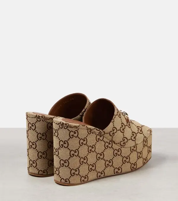 Gucci Horsebit Gg Canvas Wedge Mules - Beige