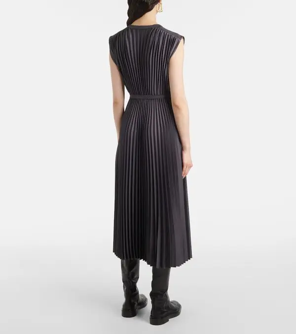 JOSEPH Volta Belted Plissé Satin Midi Dress - Grey