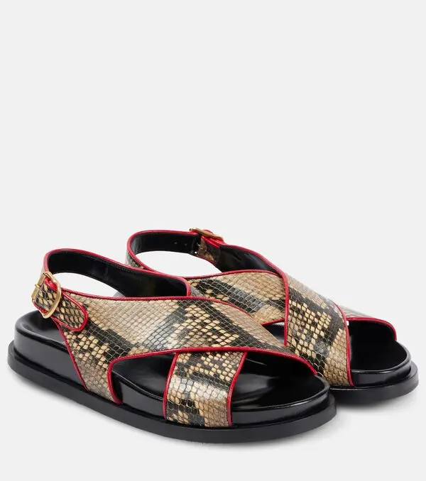 Dries Van Noten Snake-effect Leather Slingback Sandals - Beige