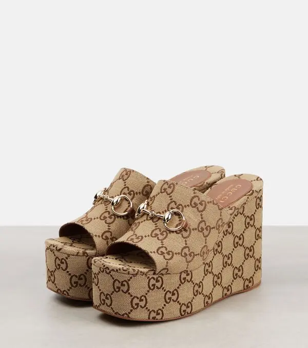 Gucci Horsebit Gg Canvas Wedge Mules