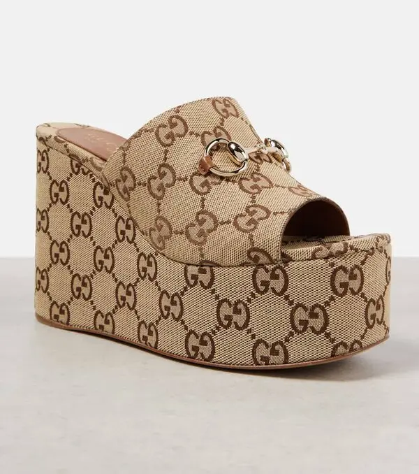 Gucci Horsebit Gg Canvas Wedge Mules