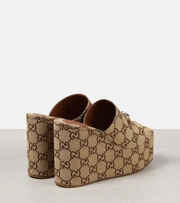 Gucci Horsebit Gg Canvas Wedge Mules