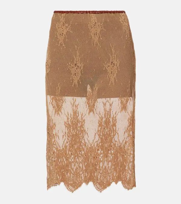 JACQUES WEI Layered Leather-trimmed Lace Midi Skirt - Brown