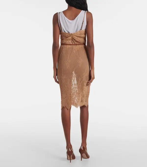 JACQUES WEI Layered Leather-trimmed Lace Midi Skirt
