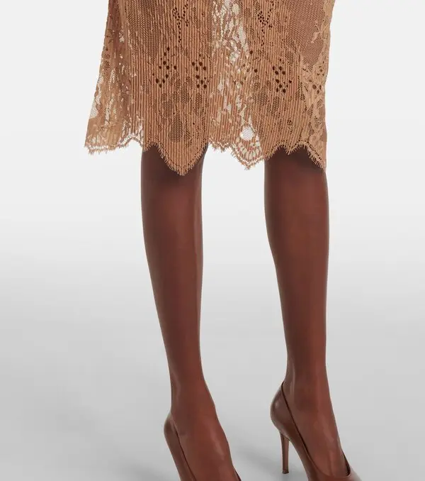 JACQUES WEI Layered Leather-trimmed Lace Midi Skirt