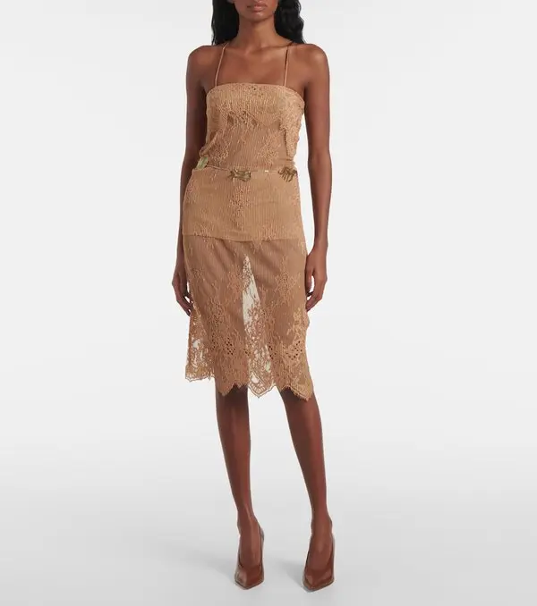 JACQUES WEI Layered Leather-trimmed Lace Midi Skirt