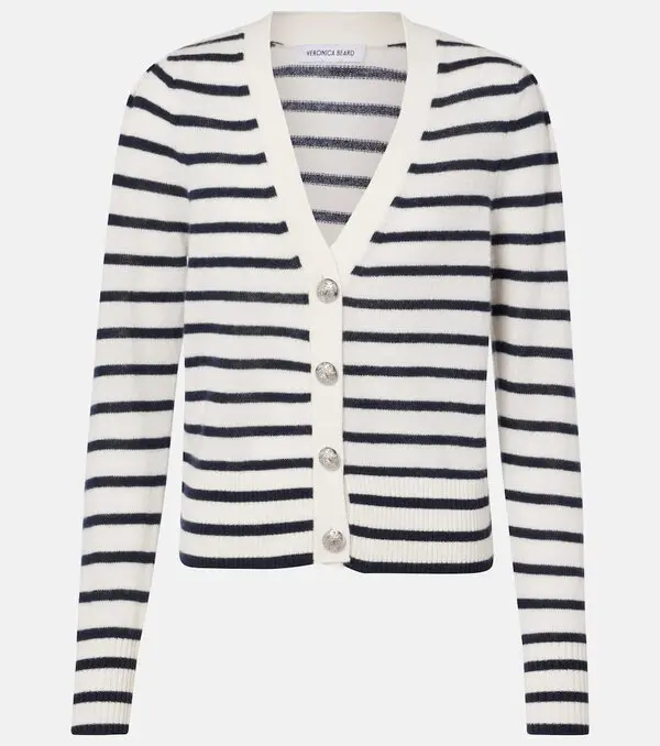 Veronica Beard Solene Striped Cashmere Cardigan - White