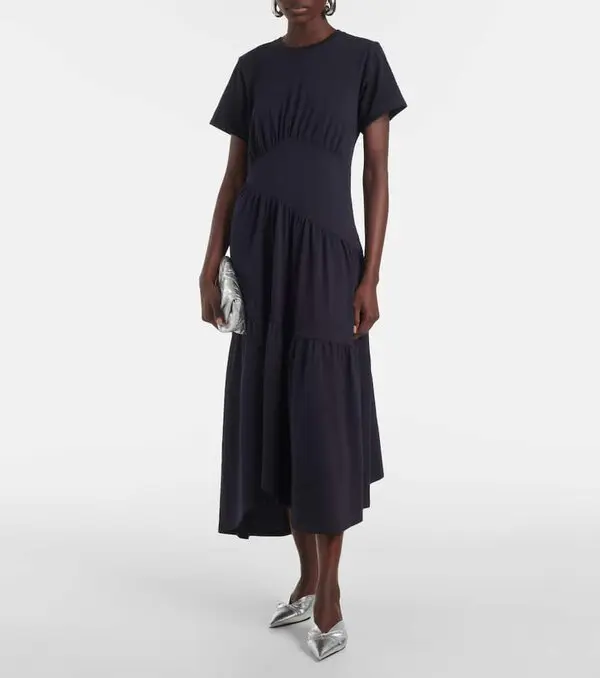 FRAME Gathered Paneled Cotton Midi Dress