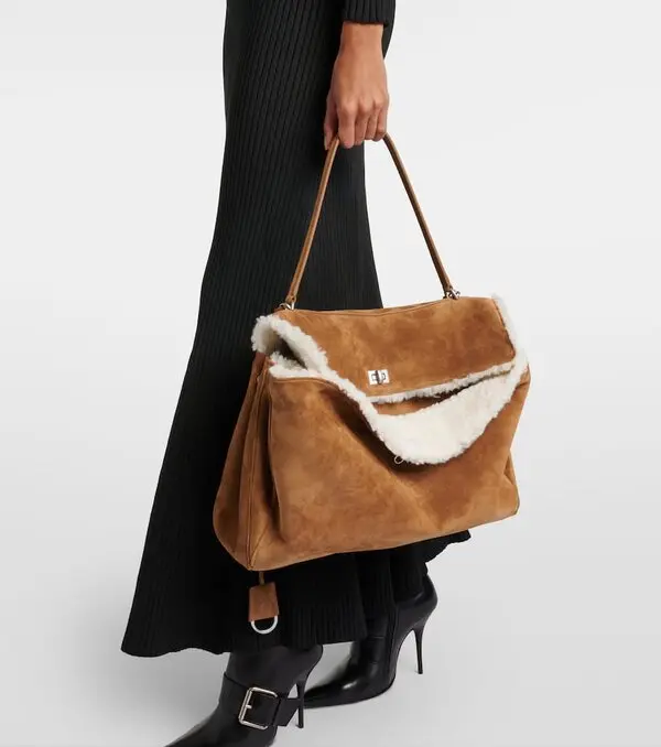 Balenciaga Rodeo Large Shearling-lined Shoulder Bag - Brown