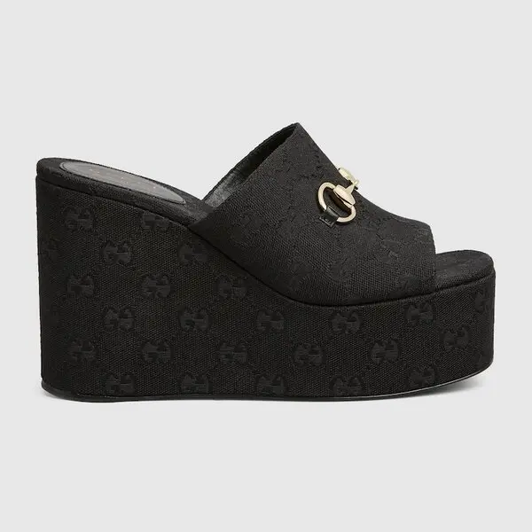 Gucci Horsebit Gg Canvas Wedge Sandal