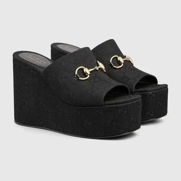 Gucci Horsebit Gg Canvas Wedge Sandal