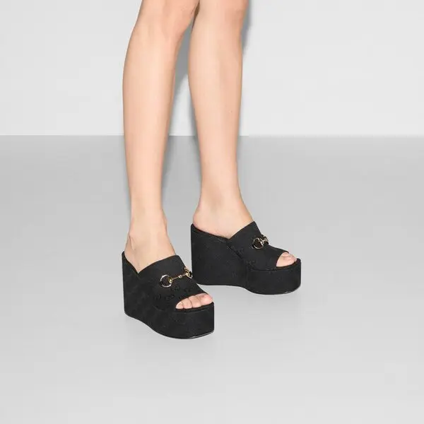 Gucci Horsebit Gg Canvas Wedge Sandal