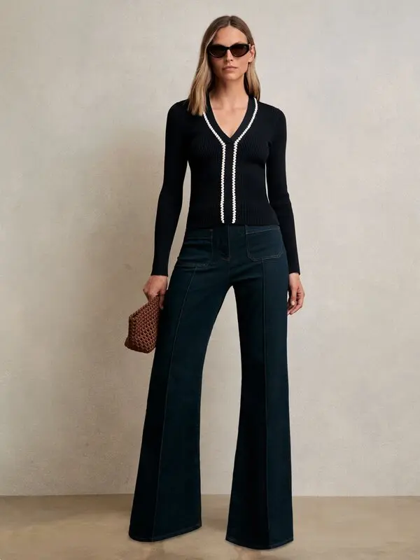 REISS Lauri Craft-stitch Rib-knit Top - Navy/white
