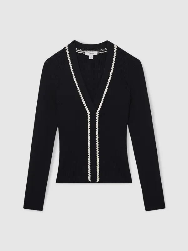 REISS Lauri Craft-stitch Rib-knit Top - Navy/white