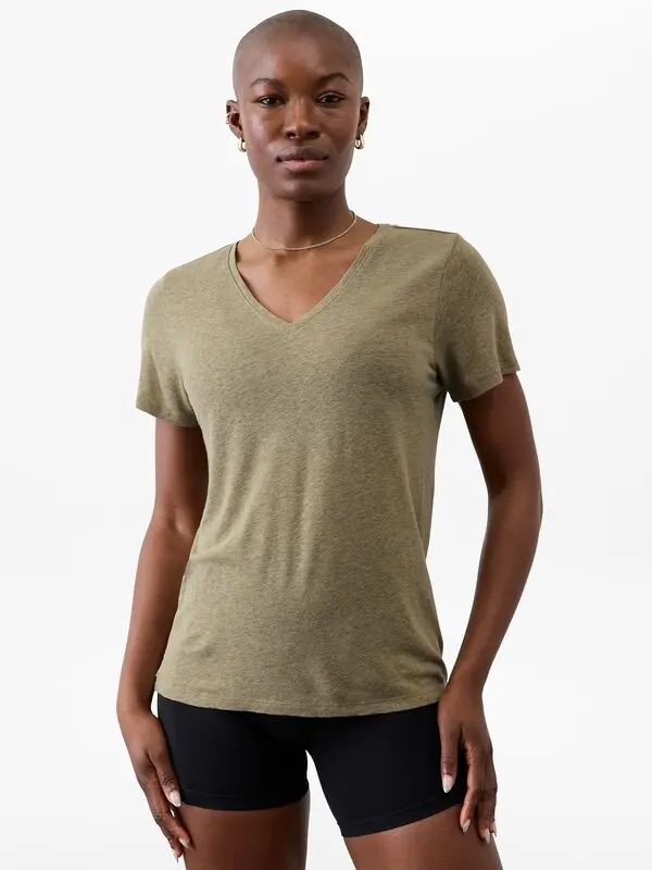 Athleta Getaway Linen Blend V-Neck Tee Olive Branch 49% Off