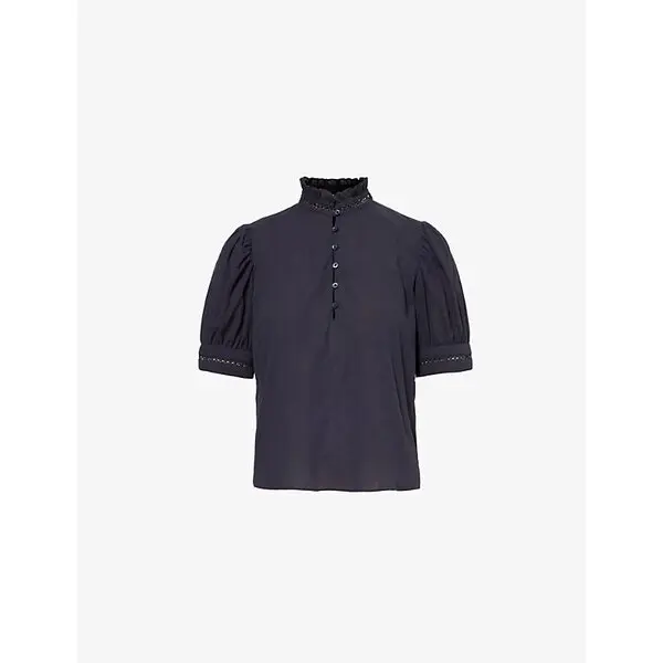FRAME The Ruffle Collar Puffed-sleeves Cotton Top