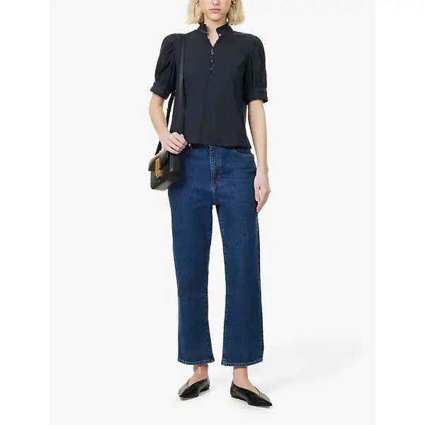 FRAME The Ruffle Collar Puffed-sleeves Cotton Top