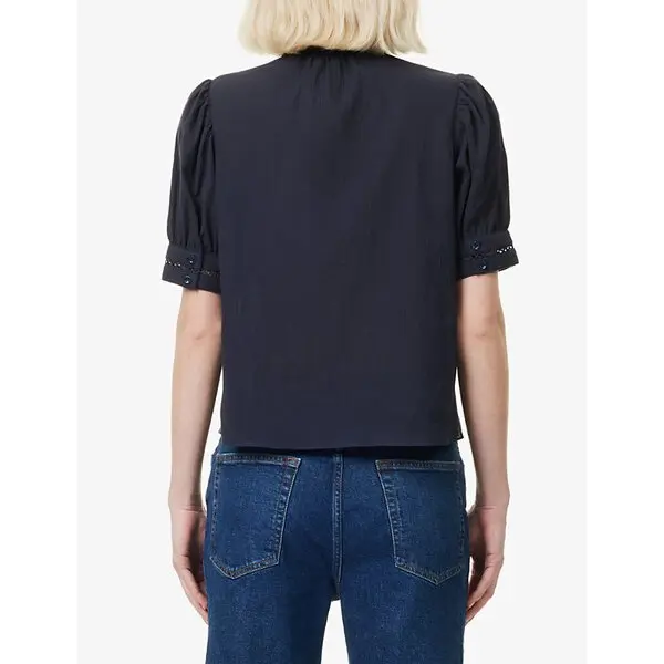 FRAME The Ruffle Collar Puffed-sleeves Cotton Top